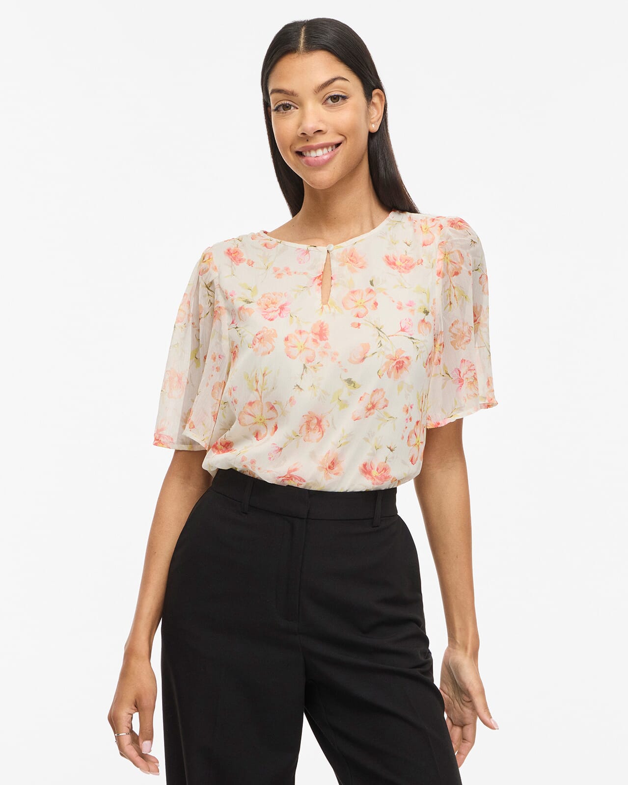 VILA Topp Emma S/S O-neck - Cloud Dancer / Flowers