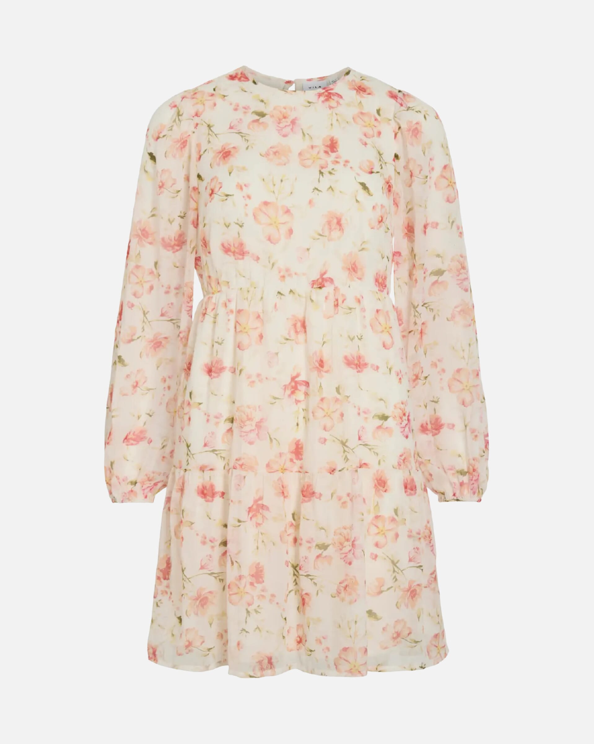 VILA Kjole Emma L/S O-neck - Cloud Dancer/ Flower