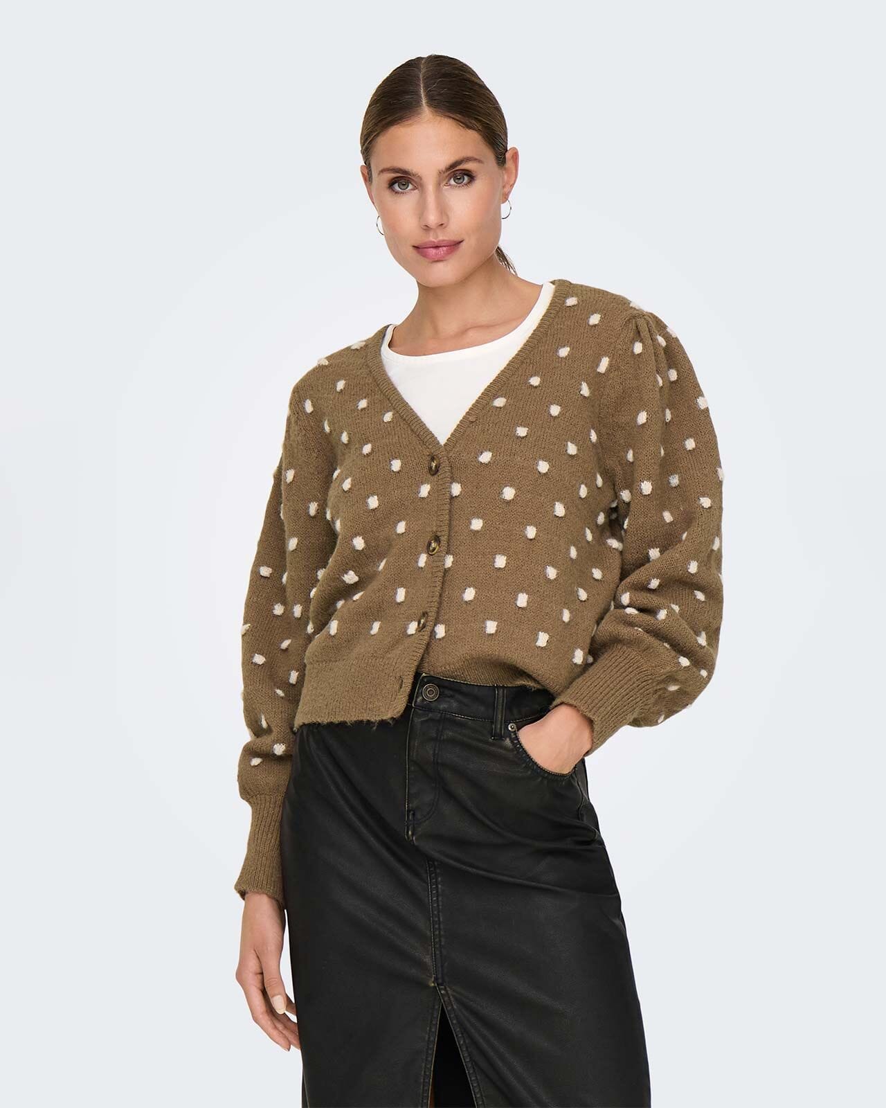 JDY Cardigan Sigrid Life L/S Vneck Structure - Malt Ball/ Cement Dots