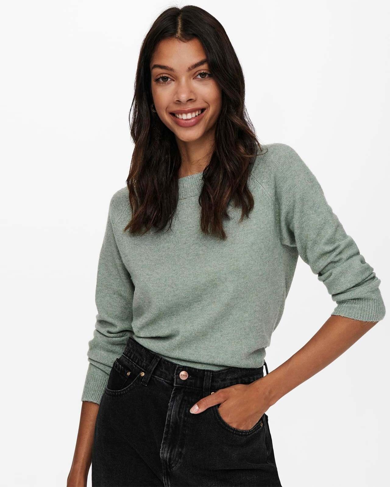 ONLY Genser Rica Life L/S Pullover Knit - Chinois Green/ White Melange ...