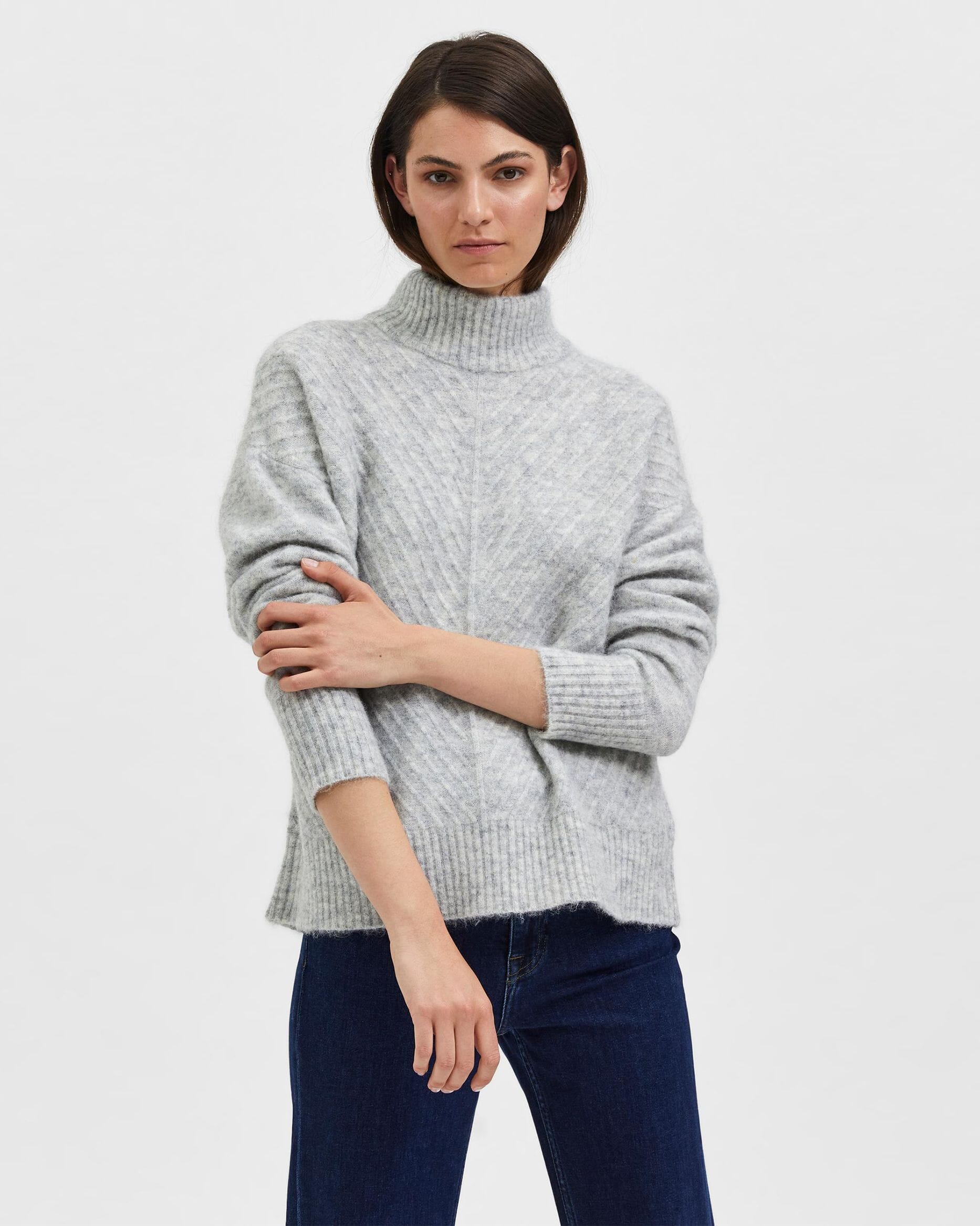 Selected Femme Ullgenser Sif Sisse Ls Highneck - Light Grey Melange 