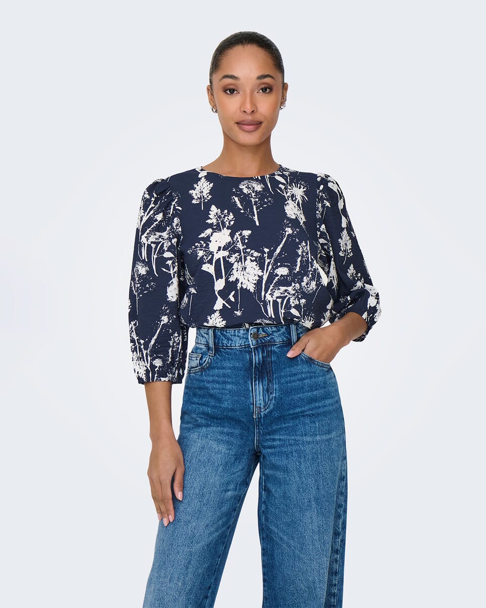 JDY Topp Camille 3/4 - Total Eclipse/ Cloud Dancer Flower