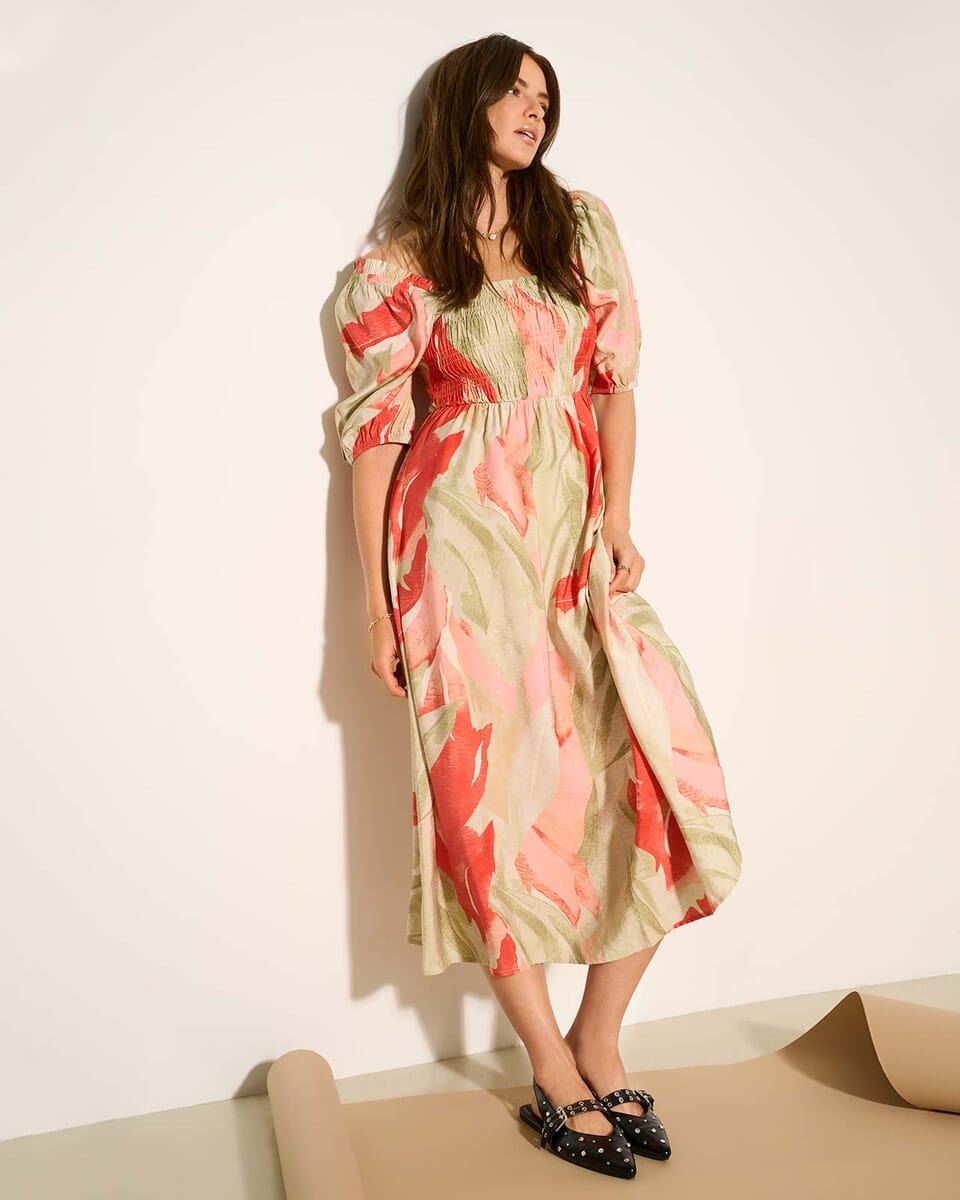 JDY Midikjole Camille 2/4 Smock - Sandshell/ Rose/ Abstract Leaves