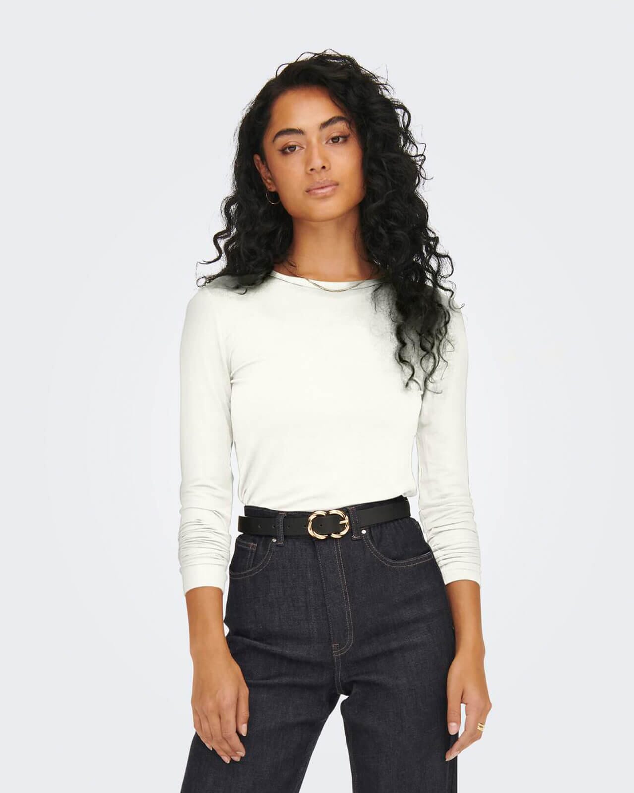 JDY Topp Mila L/S O-neck - Cloud Dancer