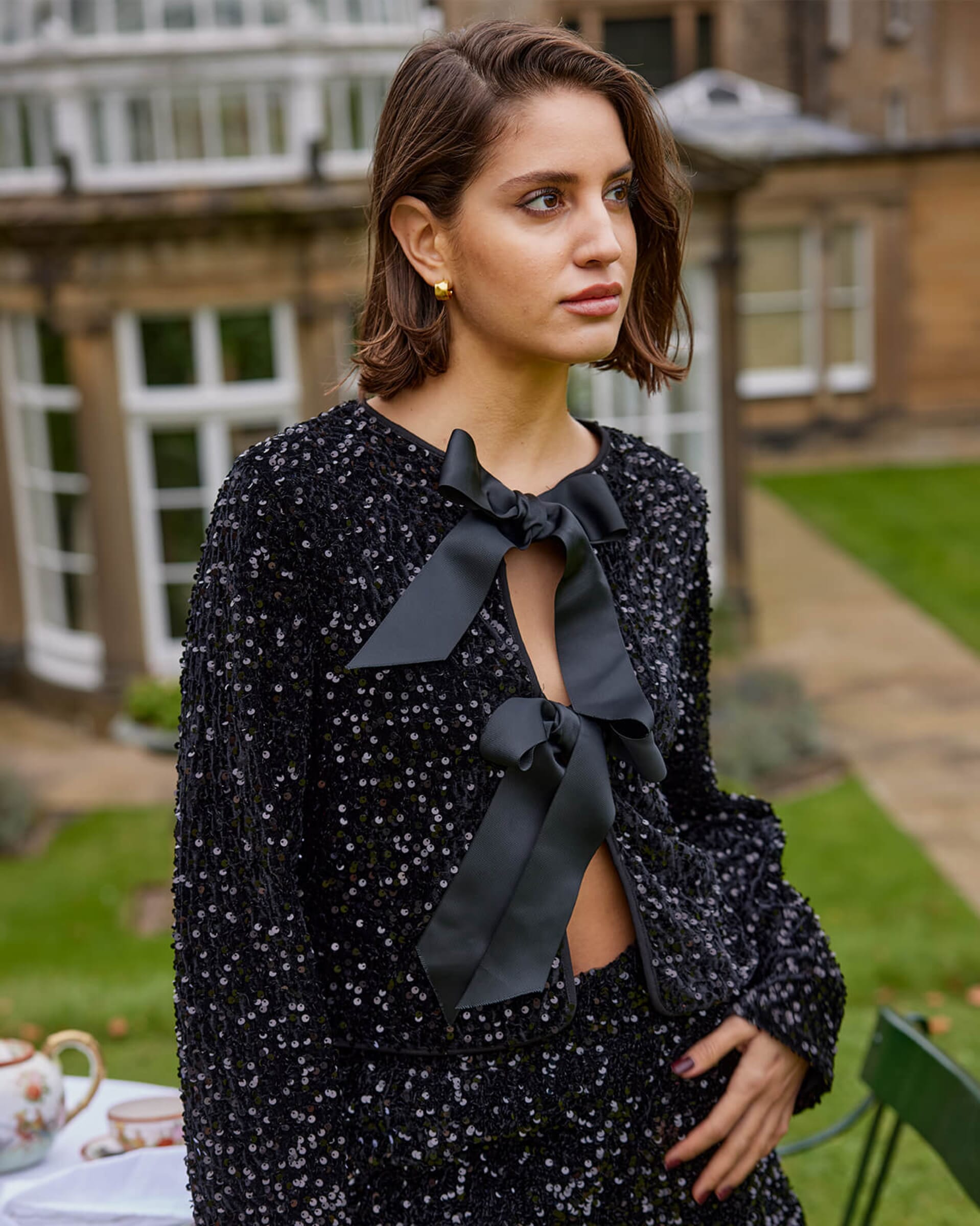 ONLY Paljettopp Anika Bow Sequins LS - Black/ Black Bow