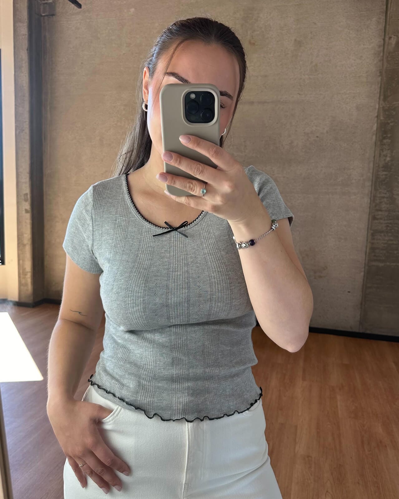 ONLY Topp Tenna S/S Top Pointelle - Light Grey Melange