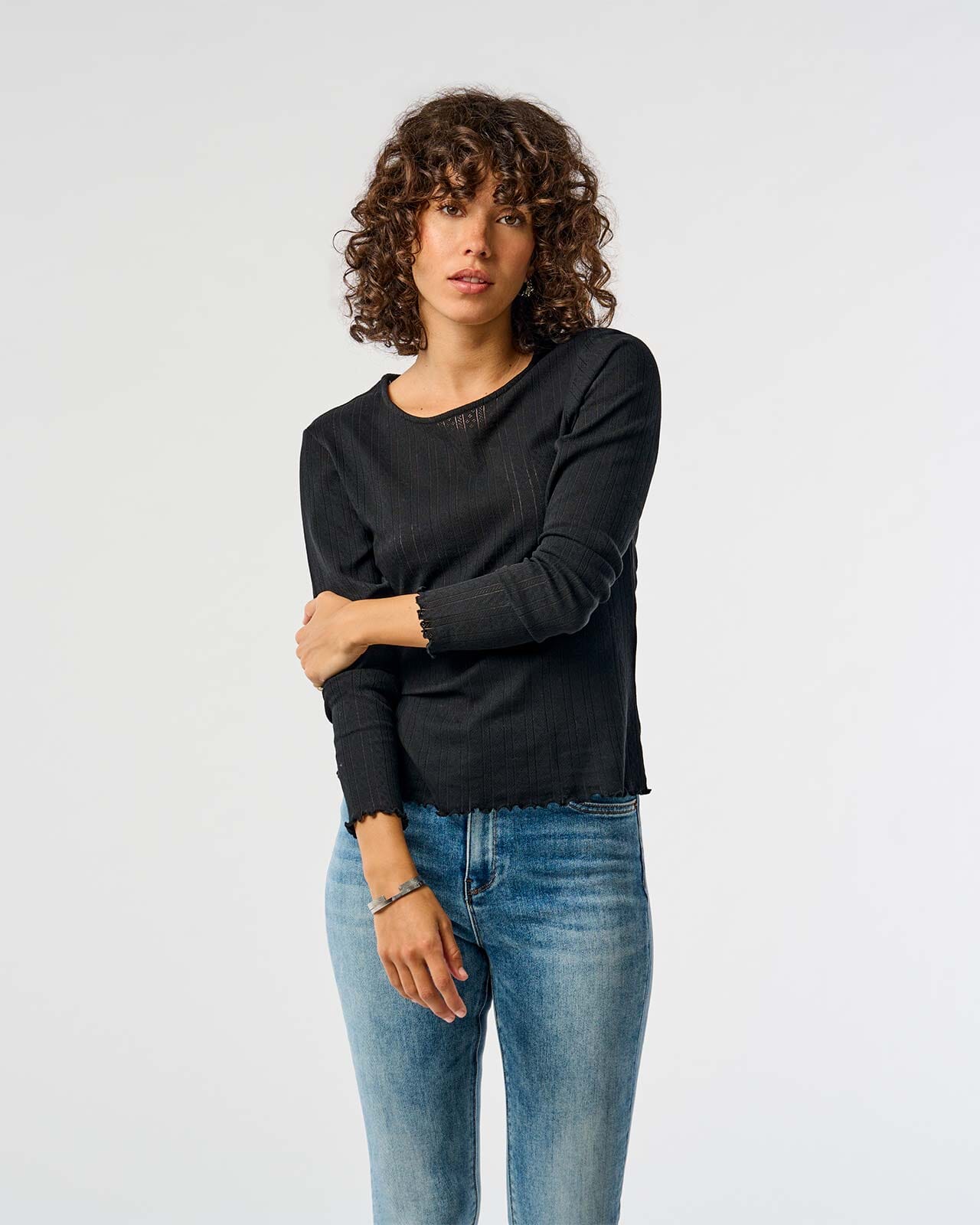 ONLY Topp Carlotta Pointelle L/S Top Noos - Black | Overdeler | FLOYD.no