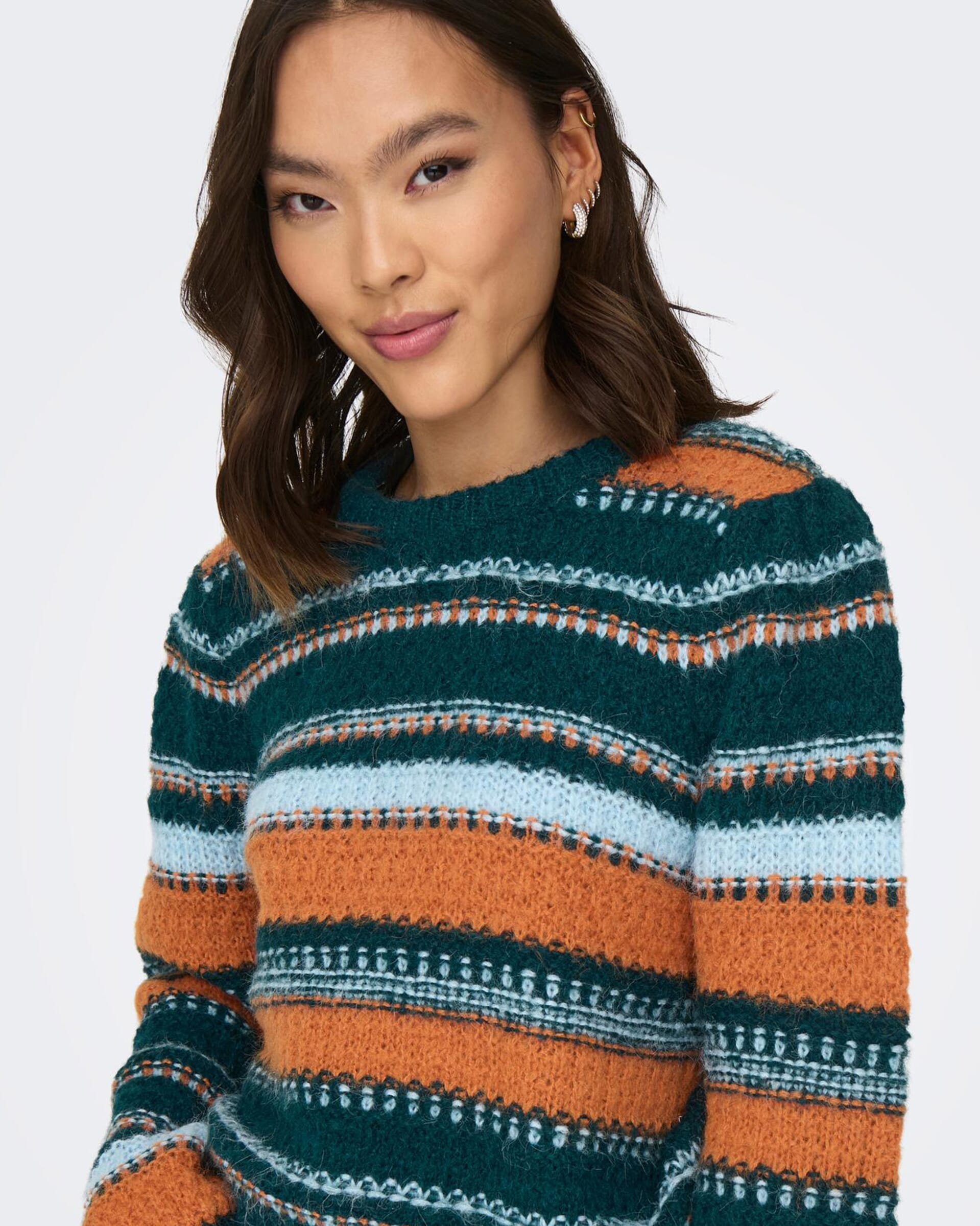 ONLY Strikkegenser Sandra Life LS Stripe Oneck - Dark Sea/ Orange/Angel ...