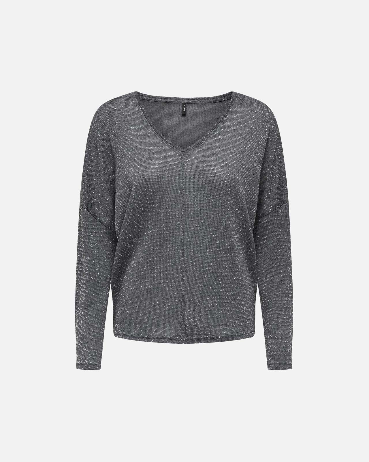 ONLY Topp Isabel Shine L/S V-neck - Magnet Silver glitter