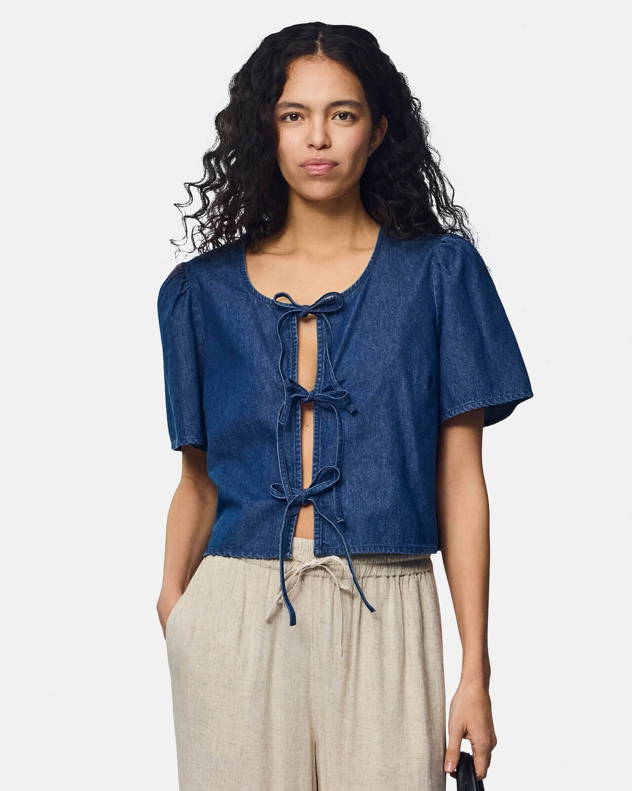 PIECES Topp Tenim SS - Medium Blue Denim