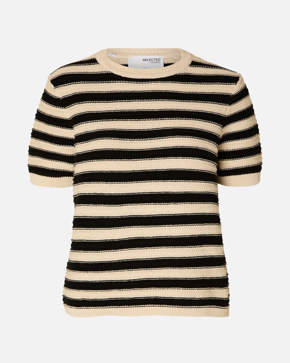 SELECTED FEMME Topp Dora SS Knit O-neck - Birch/ Black | Strikkede ...