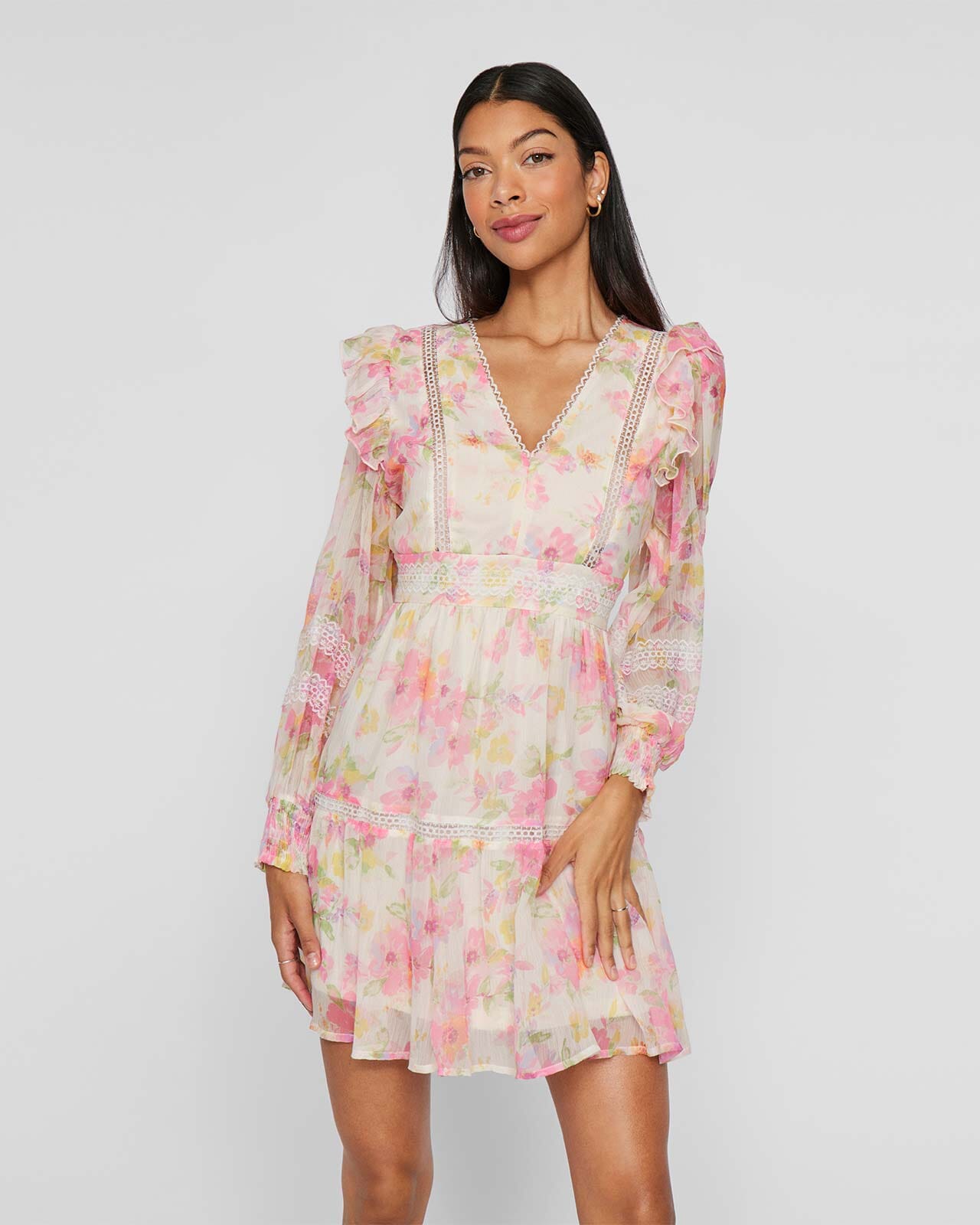 VILA Kjole Roman New V-neck L/S Short - Peach Whip/ Flower