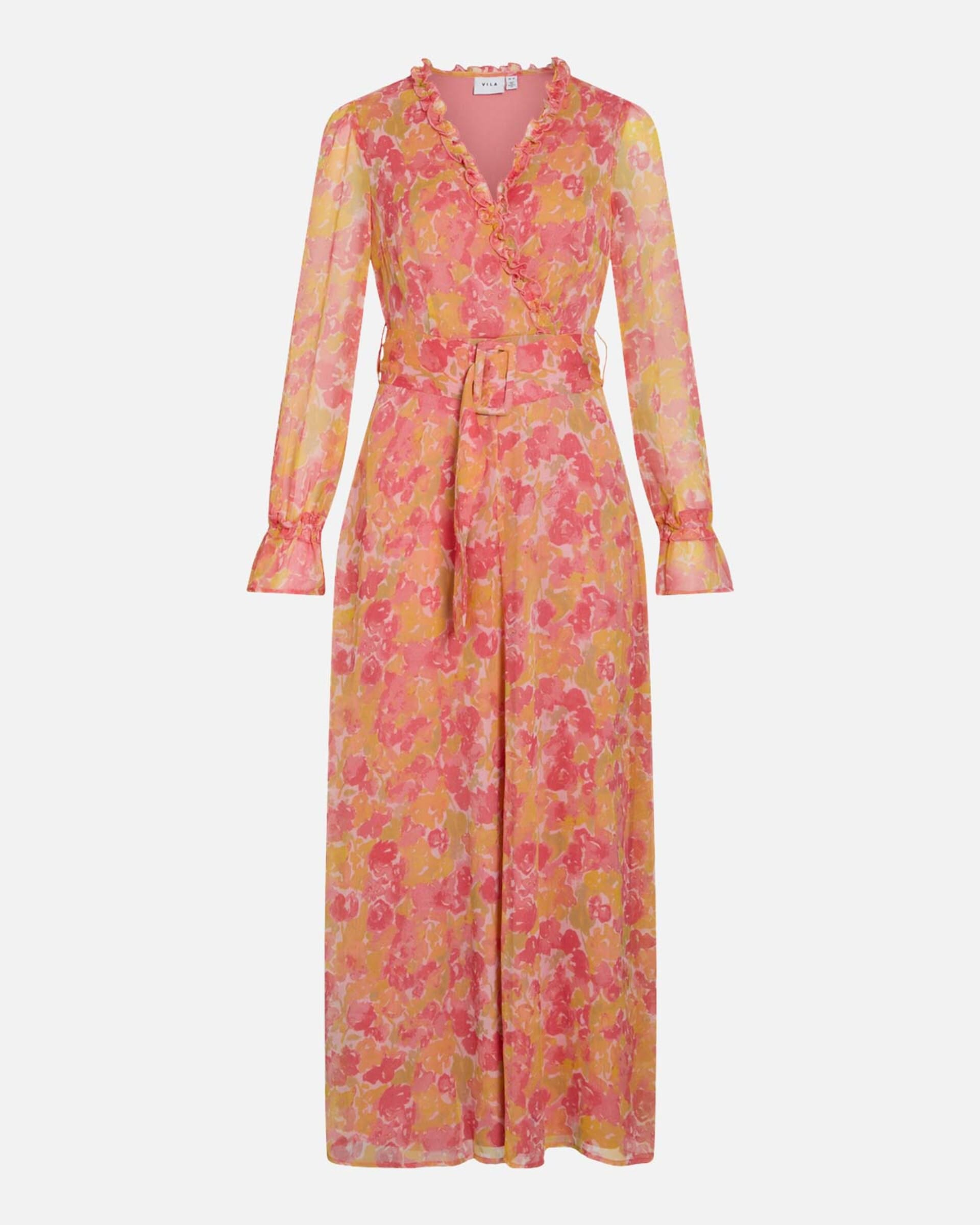 VILA Maxikjole Emma L/S Belt Maxi Dress - Pink Yarrow/ Orange Flowers