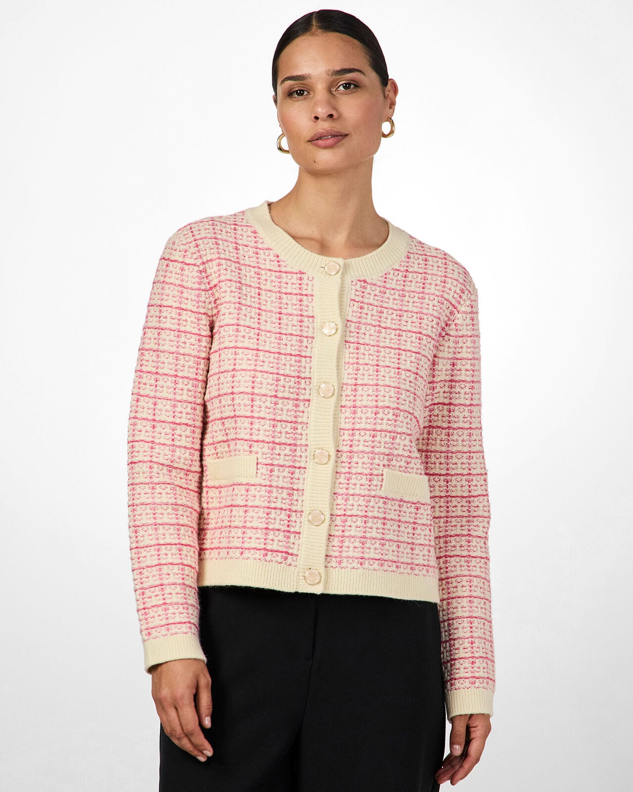 Y.A.S Cardigan Livia LS Short Knit - Birch/ Raspberry Sorbet Pirouette
